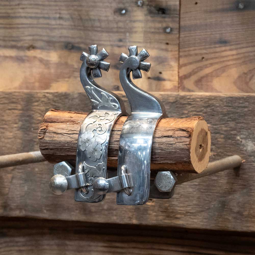 Brian Strange Silver Mounted Floral Spurs 6 pt Rowels - Teskeys