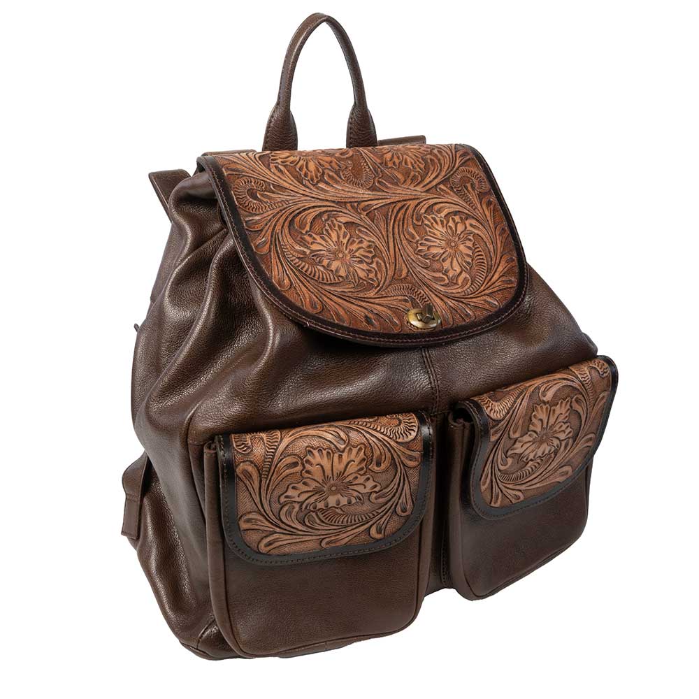 Scout Leather Co. Ada Tooled Two Pocket Backpack - Brown - Teskeys